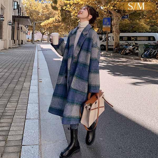 【レビュー投稿で+5%還元】チェスターコート チェック柄 レディース ロングコート コクーンコート 小柄 ドロップショルダー ミモレ丈 アウター 秋 冬 冬服 定番 オーバーサイズ カジュアル あったか 暖かい 可愛い 体型カバー コート 韓国 大人 エレガント ブルー S M