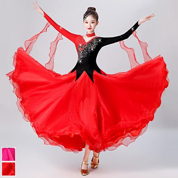 社交ダンス ドレス 競技用 衣装 ワンピース スタンダード ドレス キラキラ 社交ダンス ヴィーナスダンスウエア 広がる 舞台 豪華 長袖 ワルツ 発表会 団体 パーティー デモ ピンク S M L XL 2XL 3XL