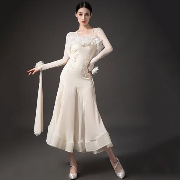 社交ダンス ドレス 社交ダンス 衣装 ワンピース モダン スタンダード ルンバ レッスン着 透け感 広がる裾 ワルツ専用 練習着 発表会 ストレッチ 団体