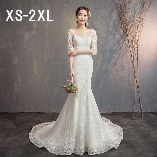 花嫁 ウェディングドレス フィッシュテール 小さいサイズ 袖あり 着痩せ 結婚式 二次会 ドレス 編み上げ 編み上げ レース ロングドレス ウエディングドレス 撮影用 韓国風 エレガント XS/M/L/XL/2XL da272t2t2l9