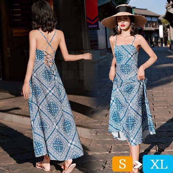 【レビュー投稿で+5%還元】ハワイ リゾートワンピース マキシ丈 ノースリーブ 背中開き 民族風 編み上げ 体型カバー 総柄 夏ワンピ ロングワンピース 沖縄 海外旅行 水色 レディース マキシワンピース おしゃれ 大人可愛い 細見え