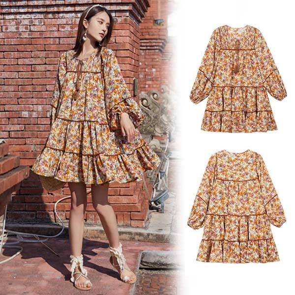 【レビュー投稿で+5%還元】ハワイ リゾートワンピース ショート丈 ティアードスカート 長袖 大きめ 体型カバー ゆったり 花柄 総柄 夏ワンピ 沖縄 海外旅行 レディース おしゃれ 大人可愛い