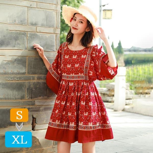 【レビュー投稿で+5%還元】ハワイ リゾートワンピース ショート丈 五分袖 総柄 民族風 大きめ 体型カバー ゆったり 夏ワンピ 沖縄 海外旅行 レディース おしゃれ 大人可愛い