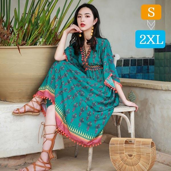 【レビュー投稿で+5%還元】ハワイ リゾートワンピース マキシ丈 七分袖 Vネック 体型カバー 大きめ ゆったり 総柄 民族風 夏ワンピ ロングワンピース 沖縄 海外旅行 グリーン レディース マキシワンピース おしゃれ 大人可愛い