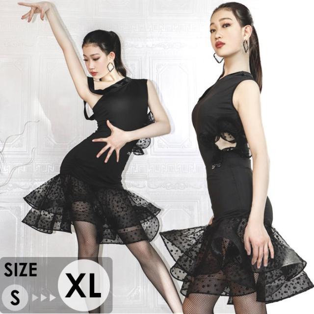 社交ダンス ２点セット トップス スカートラテンダンスセット 肩出し ラテンダンス ダンス衣装 上下セット オフショルダー 練習着 チャチャチャ ラテン ステージ衣装 演出着 演出用 舞台 S/M/L/2L ブラック