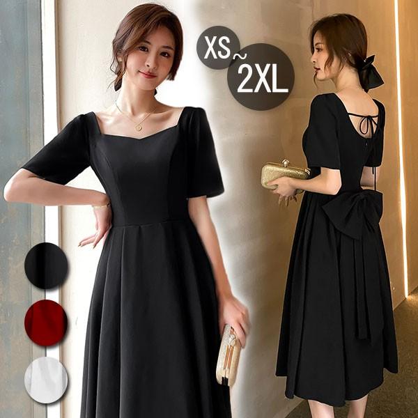 【レビュー投稿で+5%還元】ドレス ミモレ丈 大人 ピアノ 発表会 ドレス 演奏会 ミディアムドレス 袖あり 背中開き スクエアネック サテン パーディー Aライン