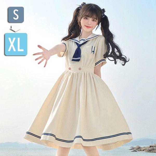 【レビュー投稿で+5%還元】ワンピース ビッグカラー セーラー風 胸元リボン 半袖 夏用 夏服 かわいい レディース デコ襟 大きいサイズ ロリータ ミモレ丈