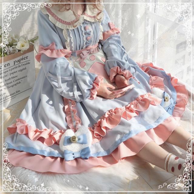 メイド服 ロリータ ワンピース 長袖 ネコエプロンロリータワンピース 洋装 コスプレ 衣装 森ガール可愛い 猫 可愛い ガールズ エプロン コスプレ衣装 姫 エプロン 髪飾り 膝丈 フリル 森ガール お茶会 お嬢様 cosplay lolita 学園風 学園祭 文化祭 ゆったり 水色
