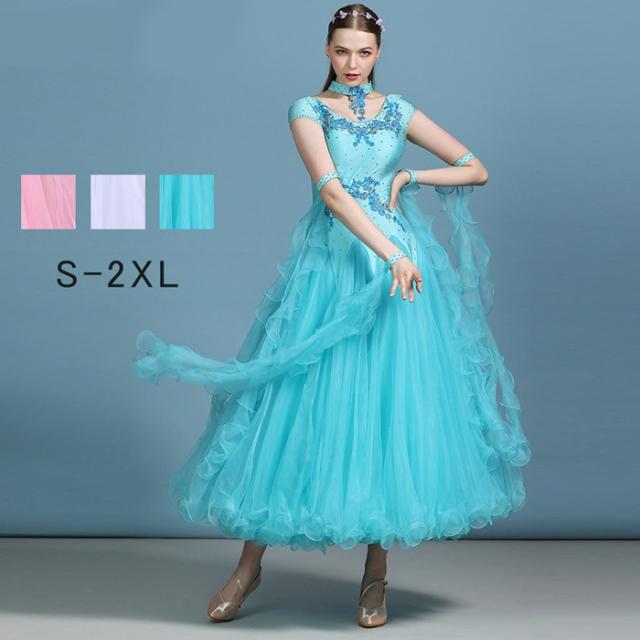 高品質 社交ダンス ドレス 社交ダンス衣装 ワンピース 長袖 広がる裾 豪？ レッスン着 発表会 競技着 練習着 演出用 スタンダード ワルツ専用ドレス ロング丈 オールシーズン ホワイト ブルー ピンク S M L XL 2XL