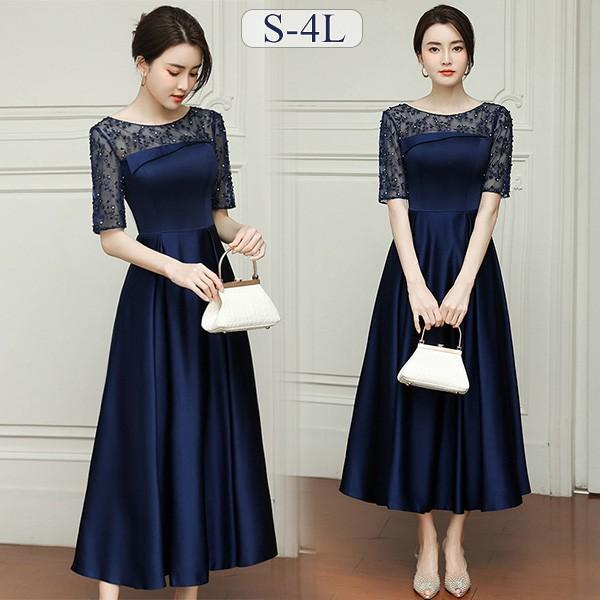 【レビュー投稿で+5%還元】ドレス 大人 ピアノ発表会 ドレス ネイビー 演奏会 ミモレ丈 結婚式 大きいサイズ パーティードレス 袖あり お呼ばれ 20代 30代 可愛い フェミニン bi136zezel9