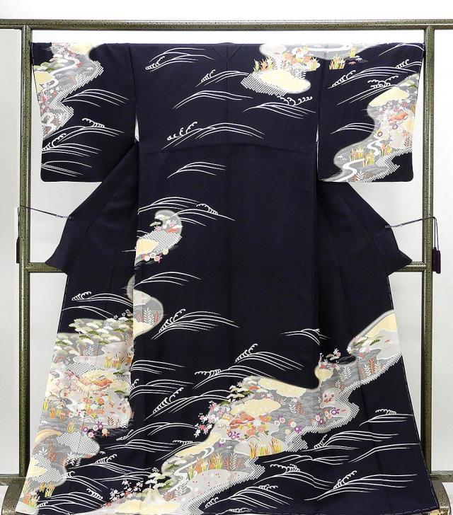 訪問着 新品仕立済 正絹 家屋四季花立浪模様 訪問着 小難あり 身丈166.5cm 裄丈67.5cm 新品 仕立て上がり 着物