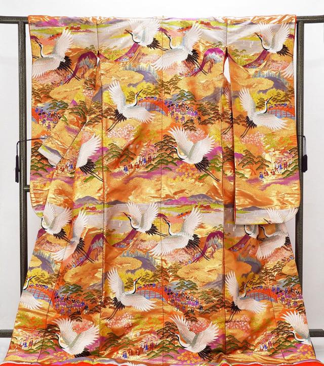 色打掛 正絹 舞鶴時代風景模様 打掛 花嫁衣裳 婚礼 良品 リサイクル 着物 e3177