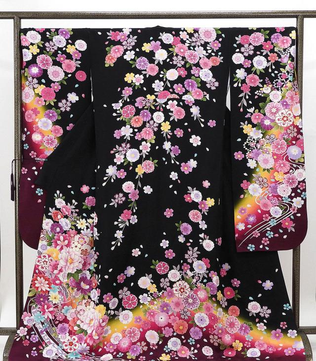 振袖 正絹 花模様 身丈172cm 裄丈71.5cm リサイクル 中古 着物 e4058