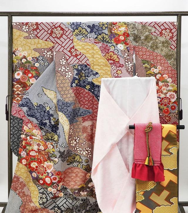 振袖 正絹 四季花匹田貝桶模様 5点セット 身丈172.5cm 裄丈69cm 袋帯 長襦袢 帯締め 帯揚げ 振袖セット リサイクル 中古 着物 e4084