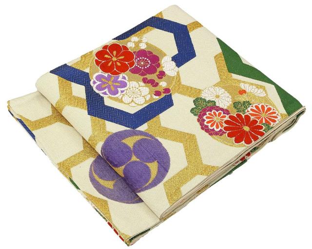 袋帯 四季花亀甲巴模様 振袖用 リサイクル 中古 フォーマル 礼装用 パーティー 着物 g4070