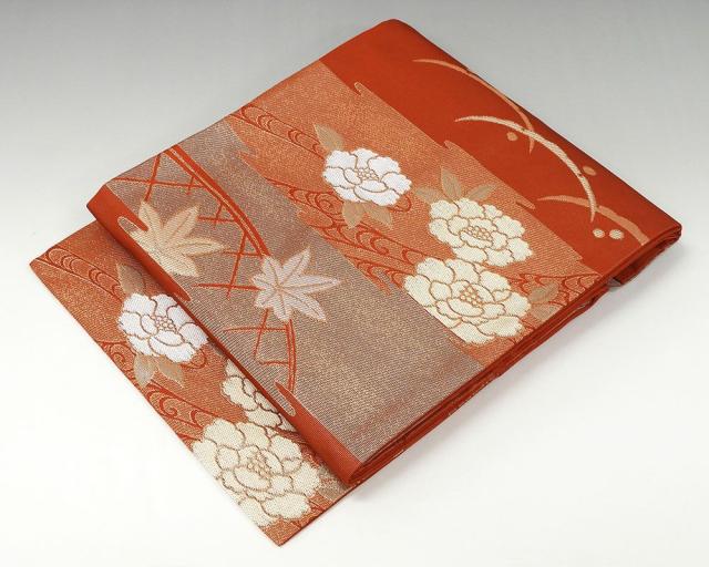 名古屋帯 新品仕立済 合繊 牡丹紅葉露芝模様 名古屋帯 新品 仕立て上がり h2592