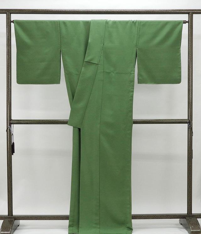 単衣 色無地 新品仕立済 正絹 単衣 渋め竹色 身丈164.5cm 裄丈68cm 色