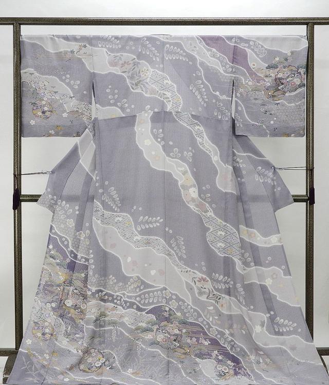 夏物 訪問着 新品仕立済 正絹 夏物 雪輪四季花宝尽くし模様 身丈171cm 裄丈69cm 縦絽訪問着 新品 仕立て上がり 着物 wb2324