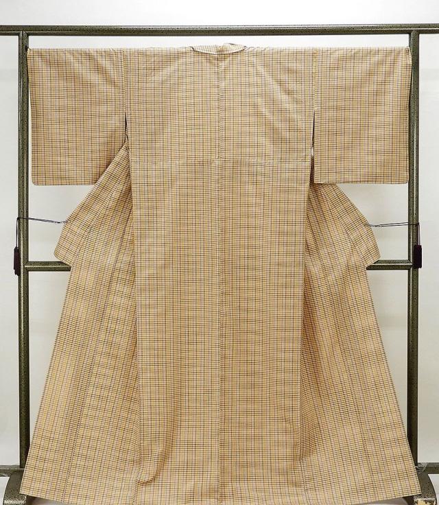 単衣 紬 新品仕立済 正絹 単衣 紅彩華 格子模様 身丈165cm 裄丈68cm 紬 新品 仕立て上がり 着物