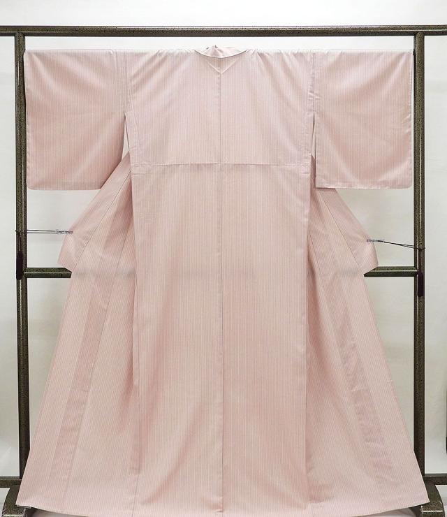 単衣 紬 新品仕立済 正絹 単衣 紅の四季暦 縦縞模様 身丈164.5cm 裄丈68cm 紬 新品 仕立て上がり 着物 wd1024