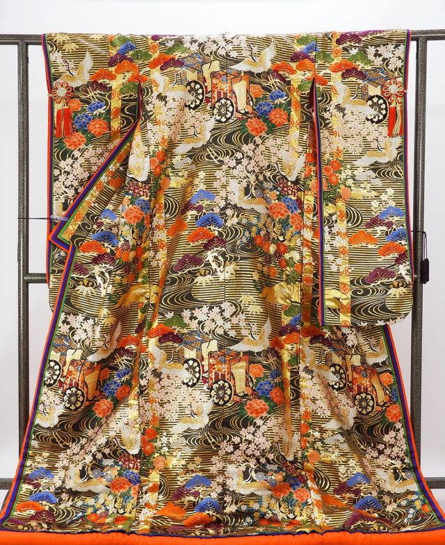 色打掛 正絹 吉祥 四季花 御所車 打掛 花嫁衣裳 婚礼 美品 中古 リサイクル ブライダル ウエディング 着物 e3206