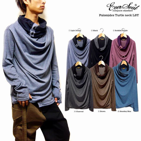 長袖 Tシャツ カットソー トップス メンズファッション ボタン使い ボリュームネック ドレープシルエット 指穴付き袖 トレンド感満載