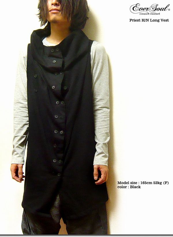 前開き ベスト ジレ トップス メンズファッション サロン系 ROCK系 フロント多数ボタン付 アフガンネック　ロングベスト オールシーズン