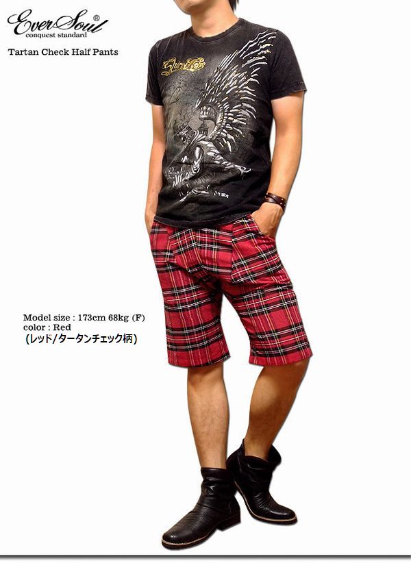 ショート ハーフパンツ ボトムス パンツ メンズファッション パンキッシュ タータンチェック柄 ユルめ サルエルシルエット パンク 後身