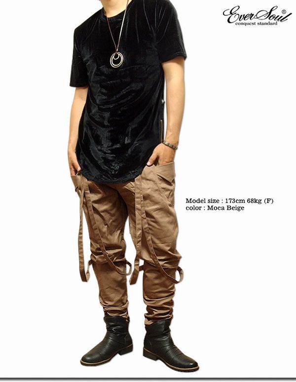 サルエルパンツ ボトムス パンツ メンズファッション 変形シルエット 飾りサスペンダー付き 個性的デザイン 裾プリーツ プリーツ裾