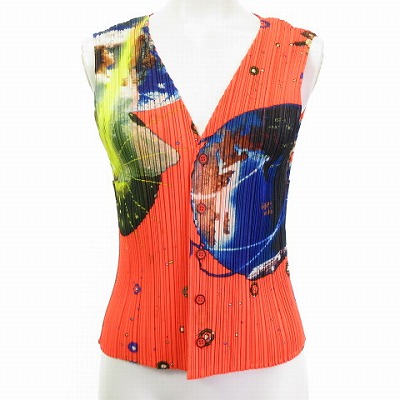 【中古】プリーツプリーズ イッセイミヤケ 横尾忠則 カットソー ベスト ミレニアムクリシュナ 総柄 3 オレンジ