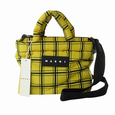 【中古】マルニ MARNI PUFF パフ トートバッグ 2WAY ショルダーバッグ ミニ チェック ナイロン イエロー メンズ