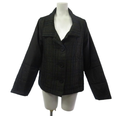 【中古】ワイズフォーリビング Y's for living 中綿 スリーブ 切替 ウールジャケット チェック ブラック ブラウン 黒 茶 F レディース