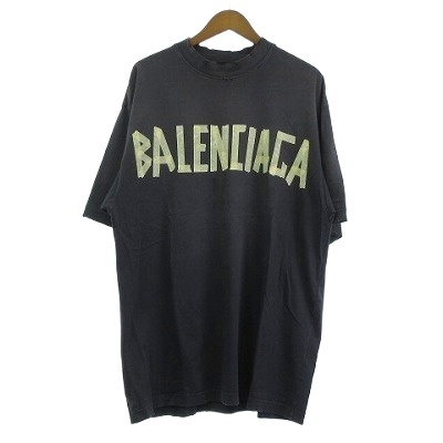 【中古】バレンシアガ BALENCIAGA 23SS テープロゴ Tシャツ カットソー ダメージ加工 ユーズド加工 半袖 ブラック S