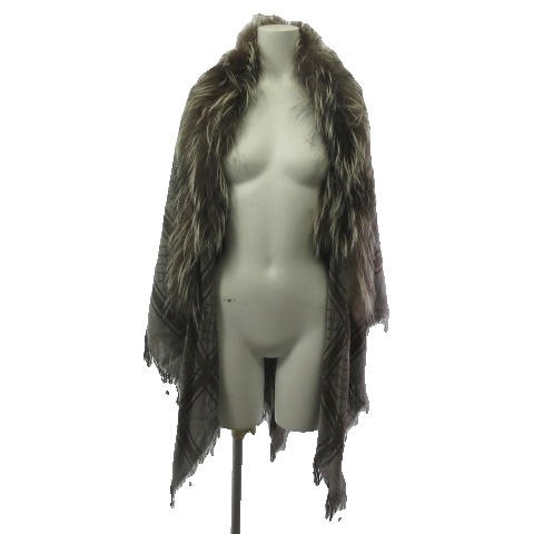 【中古】グッチ GUCCI フォックスファー付 ショール GG ウール シルク グレー ブラウン ☆AA★ レディース