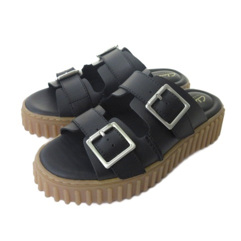【中古】クラークス clarks 美品 26176428 TORHILL SLIDE トーヒルスライド サンダル シューズ レザー ブラック 黒 UK3 22cm レディース