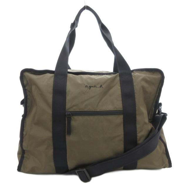 【中古】アニエスベー agnes b. ボストン ハンドバッグ ショルダー 2WAY 斜め掛け ナイロン ロゴ刺繍 カーキ