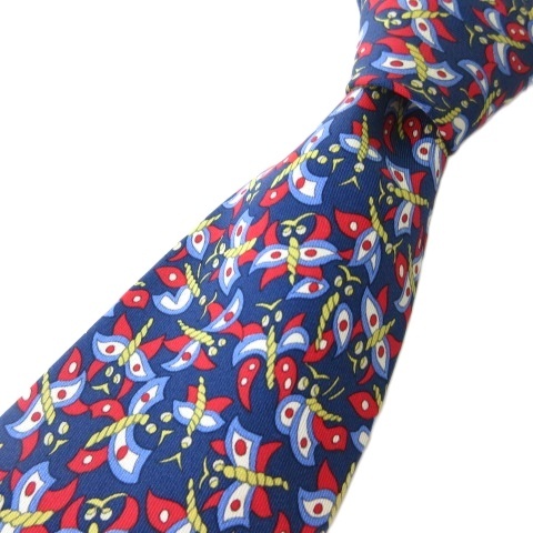 【中古】エルメス HERMES 7600 SA ネクタイ シルク100 総柄 ネイビー 紺  メンズ