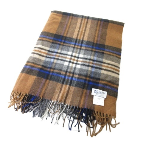 【中古】ジョンストンズオブエルガン カシミヤ ウール マスラー ショール チェック フリンジ ブラウン 茶