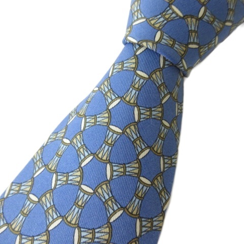 【中古】エルメス HERMES 7617TA シルク100 総柄 ネクタイ ブルー  メンズ