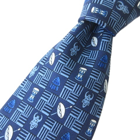 【中古】エルメス HERMES 7618TA シルク100 総柄 ネクタイ ネイビー 紺  メンズ