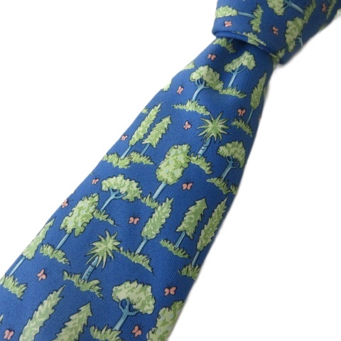 【中古】エルメス HERMES ネクタイ シルク 7429HA ツリー柄 総柄 ブルー グリーン  メンズ