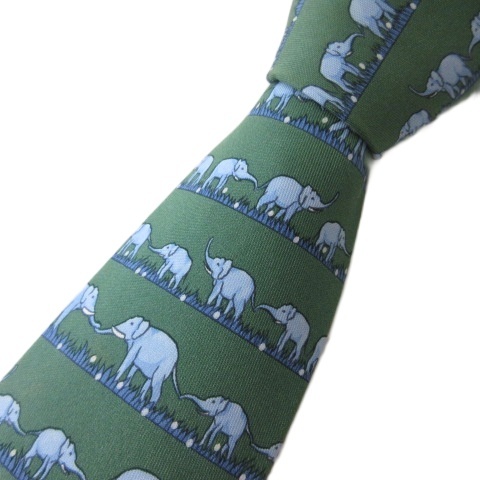 【中古】エルメス HERMES 美品 7621TA ネクタイ シルク100 象柄 グリーン 緑  メンズ