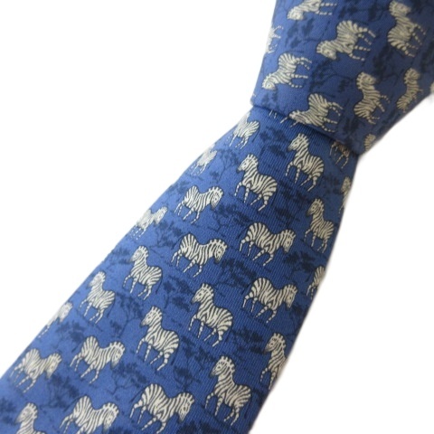 【中古】エルメス HERMES 7110OA シマウマ柄 ゼブラ柄 ネクタイ シルク100 ネイビー 紺 メンズ