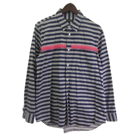 【中古】コムデギャルソンオムプリュス COMME des GARCONS HOMME PLUS シャツ 長袖  ボーダー ニット装飾 グレー ネイビー  メンズ