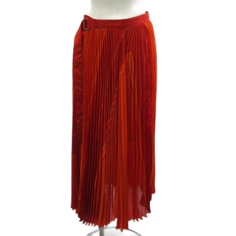 【中古】サカイ sacai 22-06100 プリーツ ラップ ロングスカート チェック ロゴ オレンジ 2  レディース