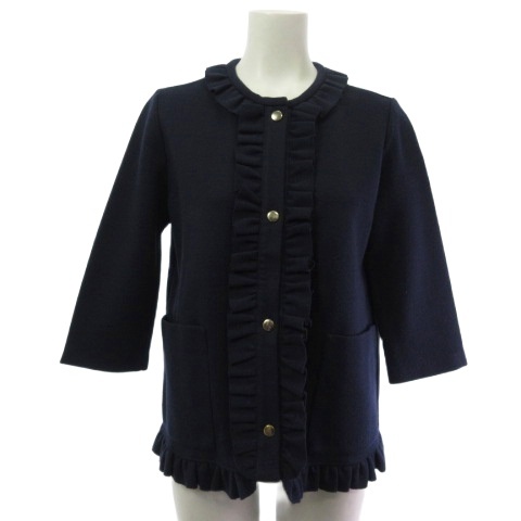 【中古】マルニ MARNI ノーカラー ニットジャケット フリル 7分袖 ネイビー 紺 38