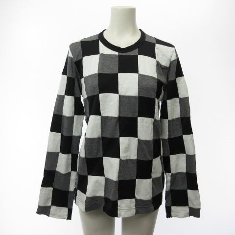 【中古】ローブドシャンブル robe de chambre Ｔシャツ カットソー ロンT 長袖 チェッカー ブラック グレー ライトブルー M レディース