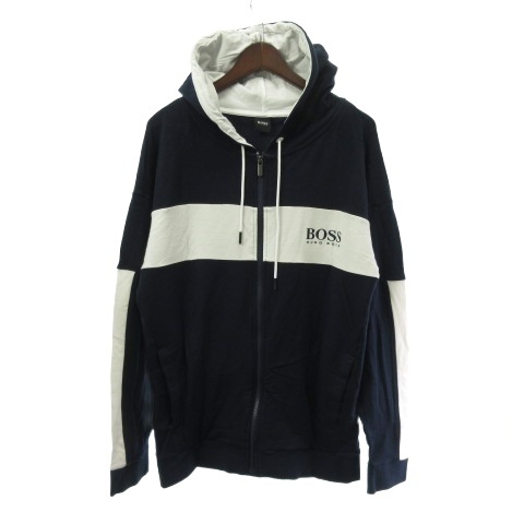 【中古】ヒューゴボス HUGO BOSS ジップアップ フーディー ロゴ ネイビー ホワイト M メンズ