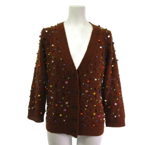 【中古】プラダ PRADA カーディガン ビーズ 長袖 ブラウン 茶 42  レディース
