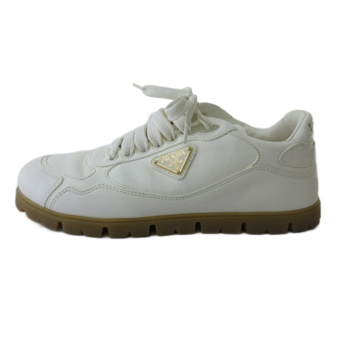 【中古】プラダ PRADA レザー スニーカー シューズ ローカット 三角プレート オフホワイト 37 24cm レディース